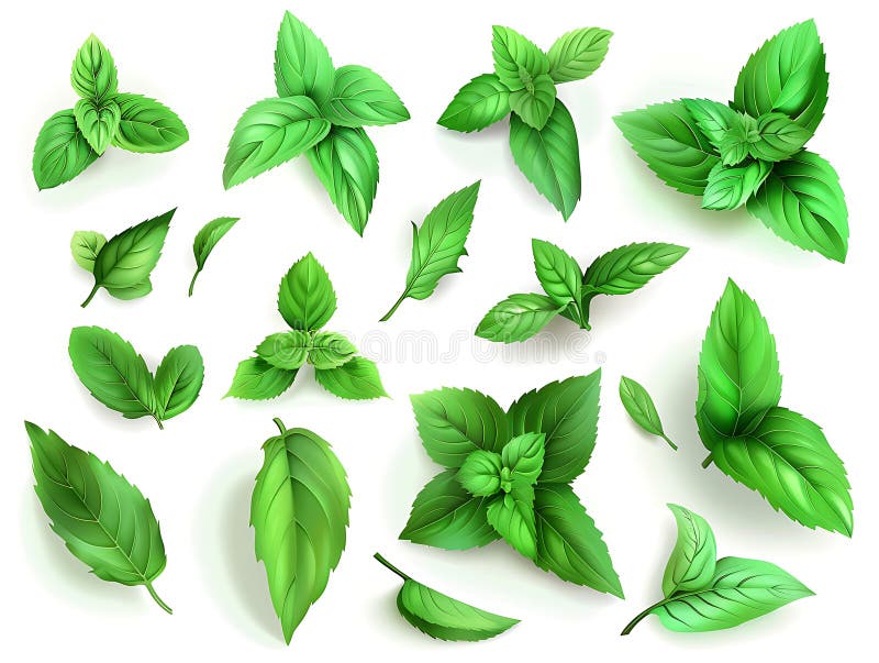 Set of Fresh Mint Leaves Against a White Background in High Resolution ...