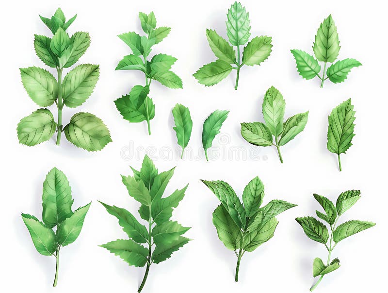 Set of Fresh Mint Leaves Against a White Background in High Resolution ...