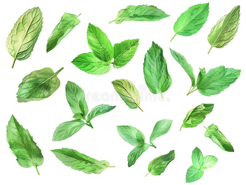 Set of Fresh Mint Leaves Against a White Background in High Resolution ...