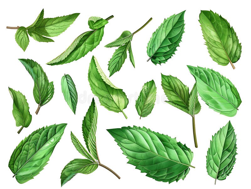 Set of Fresh Mint Leaves Against a White Background in High Resolution ...