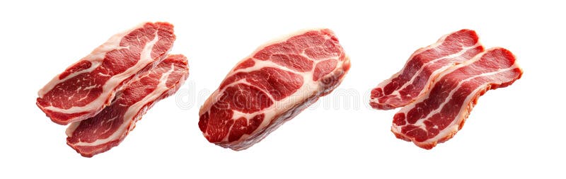 Set of of Fresh Pork Slices Displayed Isolated on White Background ...