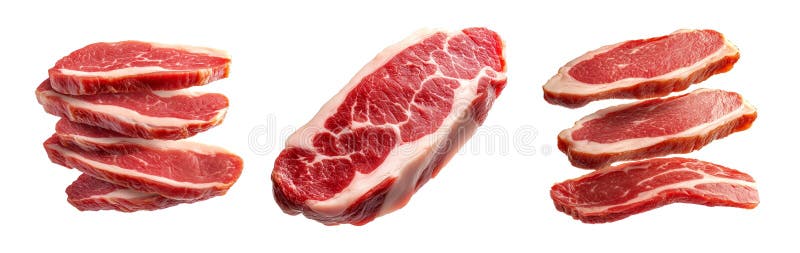 Set of of Fresh Pork Slices Displayed Isolated on White Background ...