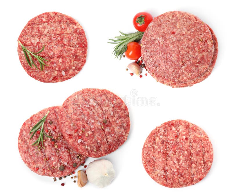 Set with Fresh Raw Burger Patties on White Background, Top View Stock ...