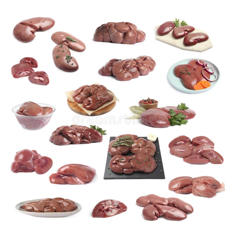 Set with Fresh Raw Kidneys on White Background Stock Image - Image of ...