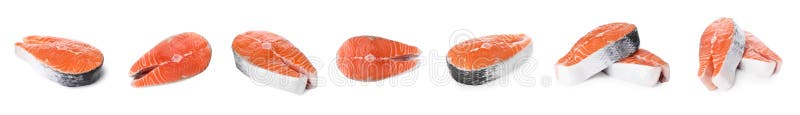 Set with Fresh Raw Salmon Steaks on White Background. Banner Design ...