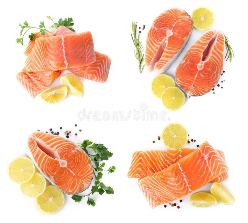 Set of Fresh Raw Salmon on White Background. Fish Delicacy Stock Photo ...