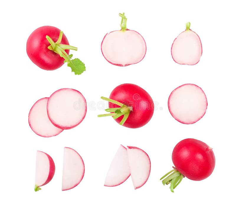 Set of Fresh Whole and Sliced Radish Isolated on White Background. Top ...