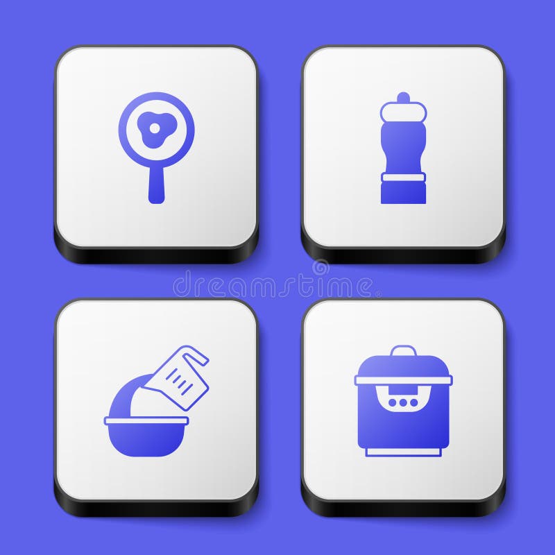 Set Fried Eggs on Frying Pan, Pepper, Measuring Cup and Bowl and Slow ...