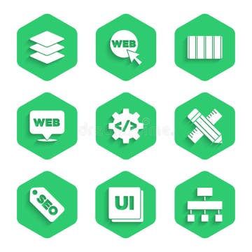 Set Front End Development, UI or UX Design, Site Map, Crossed Ruler and Pencil, SEO Optimization ...