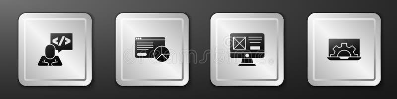 Set Front End Development, Website Statistic, UI or UX Design and Icon. Silver Square Button ...