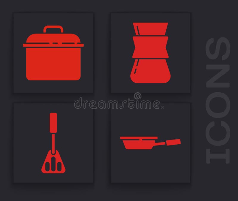 Set Frying Pan, Cooking Pot, Coffee Turk and Spatula Icon. Vector Stock ...