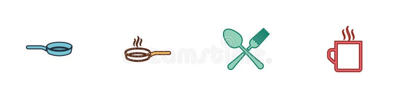 Set Frying Pan, , Crossed Fork and Spoon and Coffee Cup Icon. Vector ...