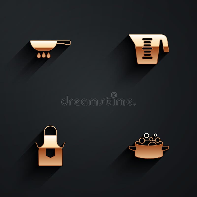 Set Frying Pan on Fire, Measuring Cup, Kitchen Apron and Cooking Pot ...