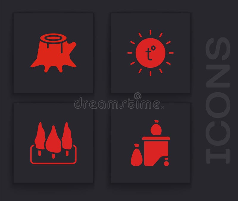 Set Full Dustbin, Tree Stump, Sun and Forest Icon. Vector Stock Vector ...