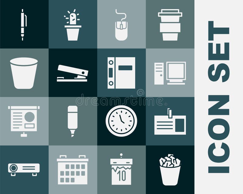 Set Full Trash Can, Identification Badge, Computer Monitor, Mouse ...