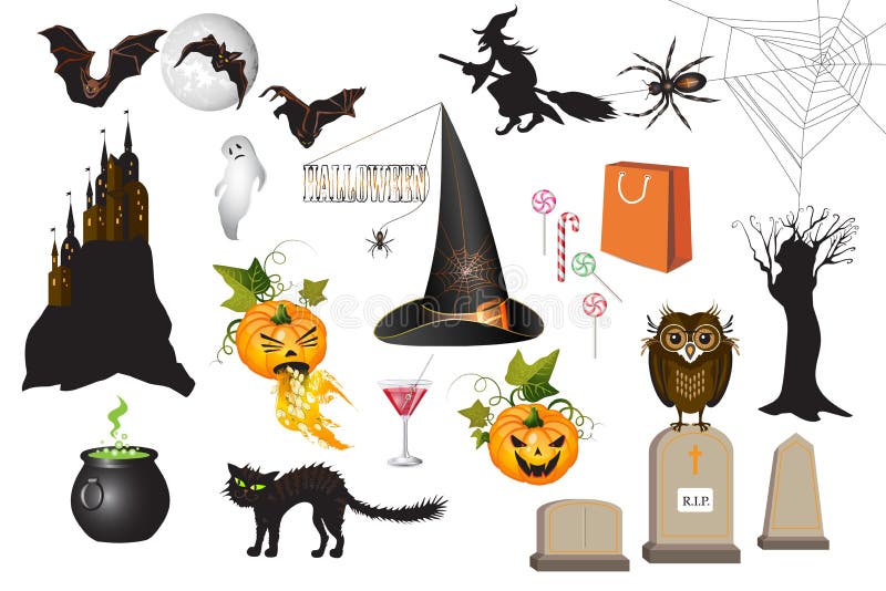 Set of fun Halloween icons stock illustration. Illustration of elements ...