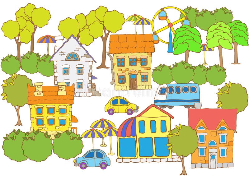 Set Fun Town. Colorful Panorama. Hand Drawn. Stock Vector ...