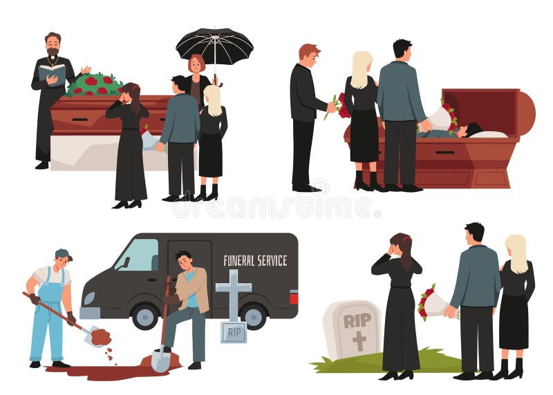 Set of Funeral Scenes Flat Style, Vector Illustration Isolated on White ...
