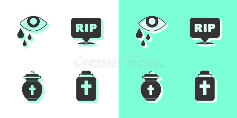 Set Funeral Urn, Tear Cry Eye, and Speech Bubble Rip Death Icon. Vector ...