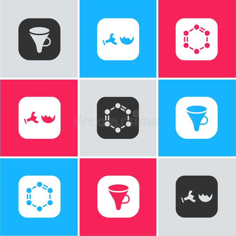 Set Funnel or Filter, Broken Flask and Formula of Benzene Rings Icon ...
