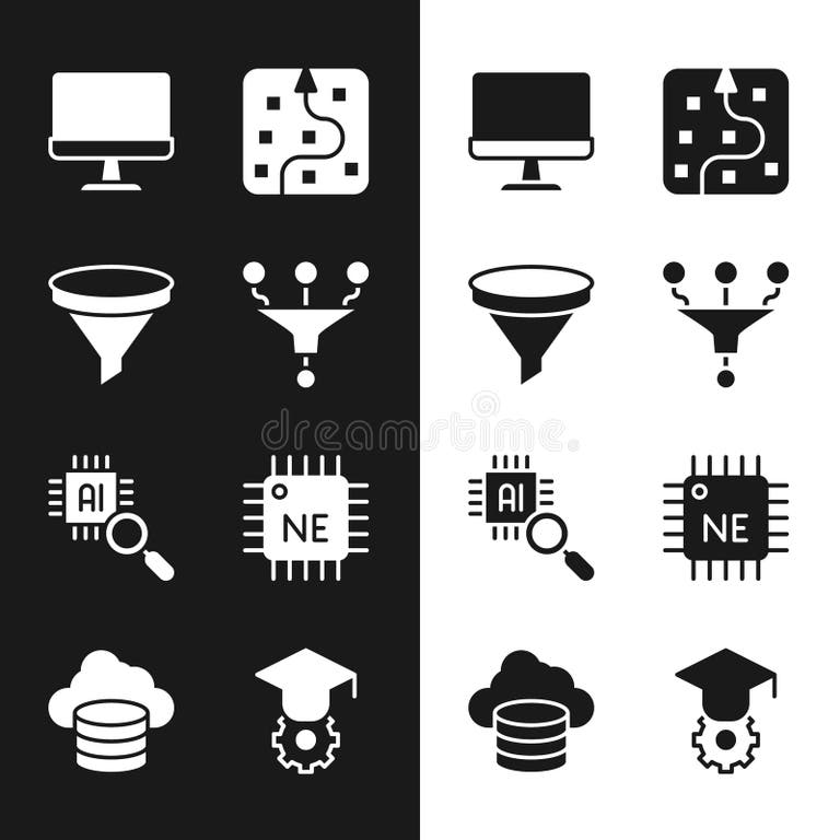 Set Funnel or Filter, Computer Monitor, Neural Network, Processor CPU, Graduation Cap and Cloud ...