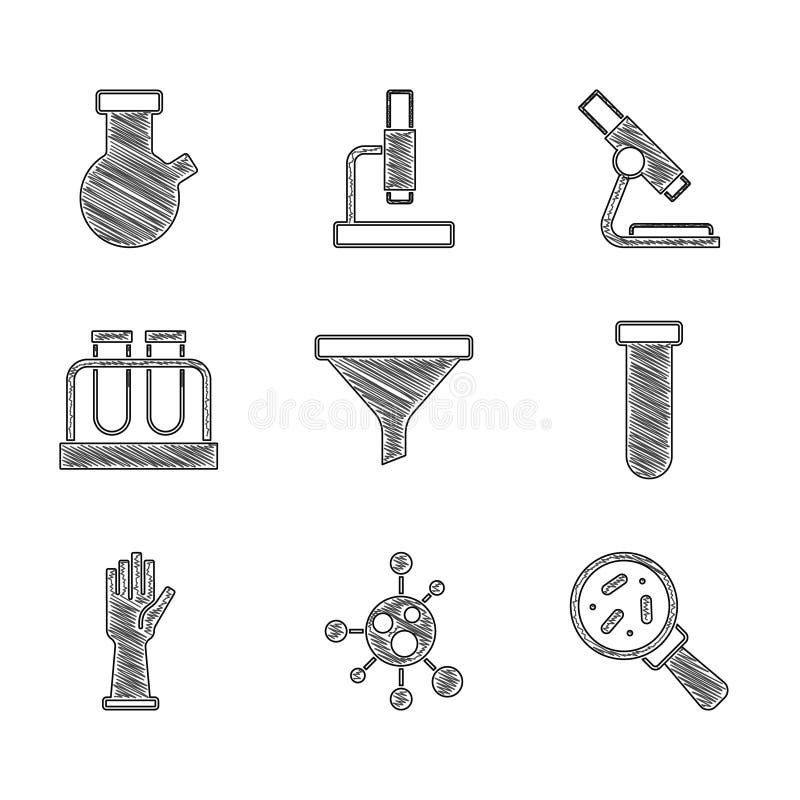 Set Funnel or Filter, Molecule, Microorganisms Under Magnifier, Test ...