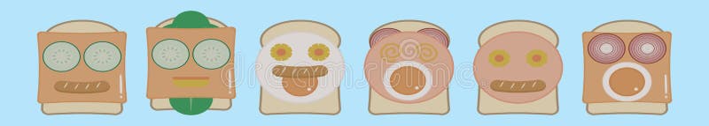 Set of Funny Bread Face Cartoon Icon Design Template with Various ...