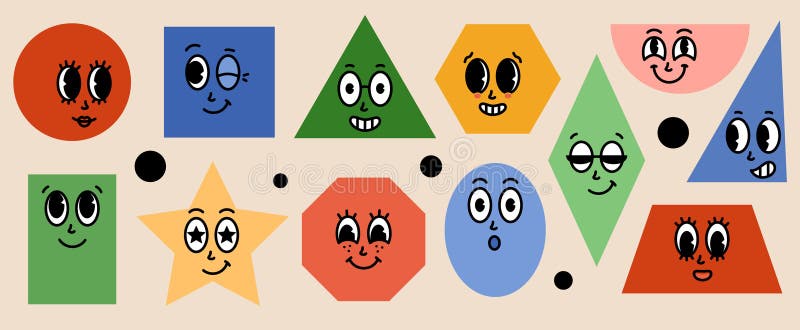 Set Funny Cartoon Basic Geometric Figures with Face Emotions. Different ...
