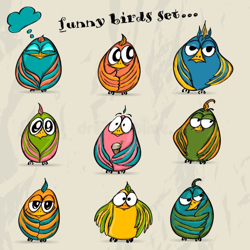 Set of 9 Funny Cartoon Birds. Stock Vector - Illustration of face ...