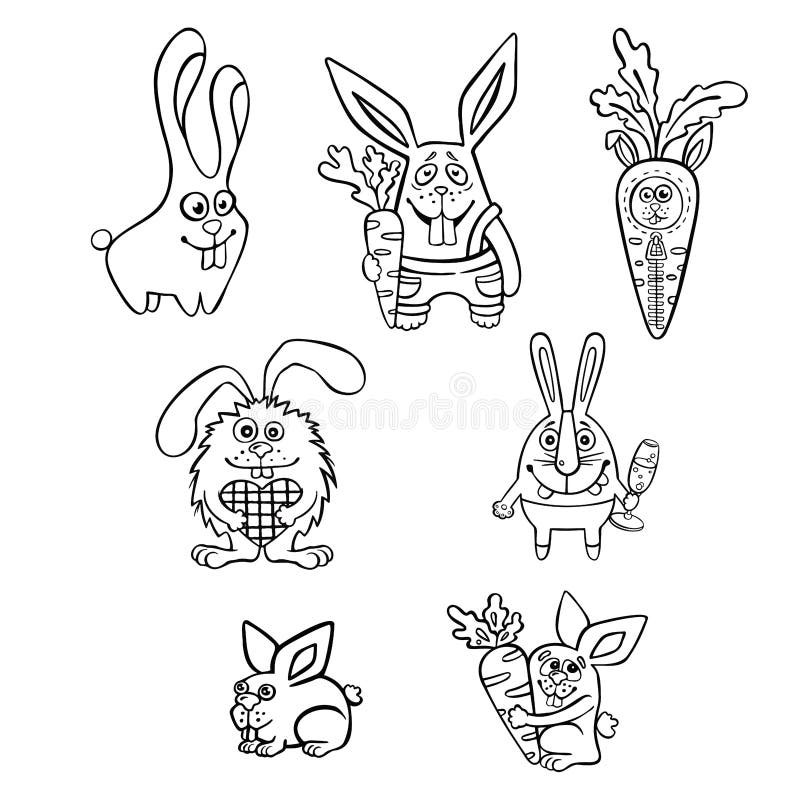 Set of Funny Cartoon Hares Comic , Line Illustration Stock Vector ...