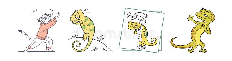 Funny Cartoon Lizard Character Set Vector Illustration Stock Vector ...