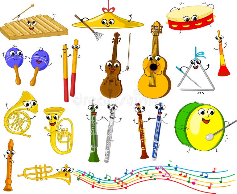 Set of Funny Cartoon Musical Instruments Stock Vector - Illustration of ...