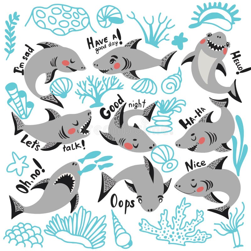 Set of Funny Cartoon Style Cute Sharks and Corals. Stock Vector ...