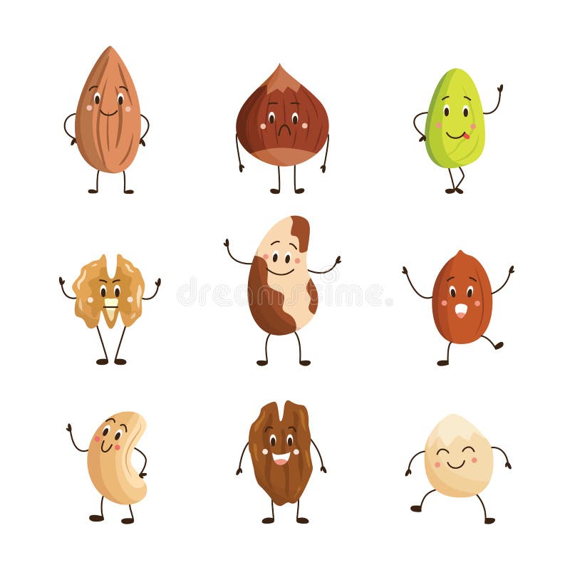 Set of Funny Cartoon Various Nuts Characters Vector Illustration ...
