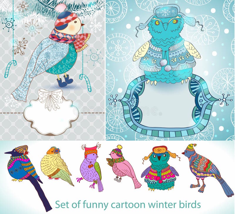 Set of Funny Cartoon Winter Birds Stock Vector - Illustration of hand ...