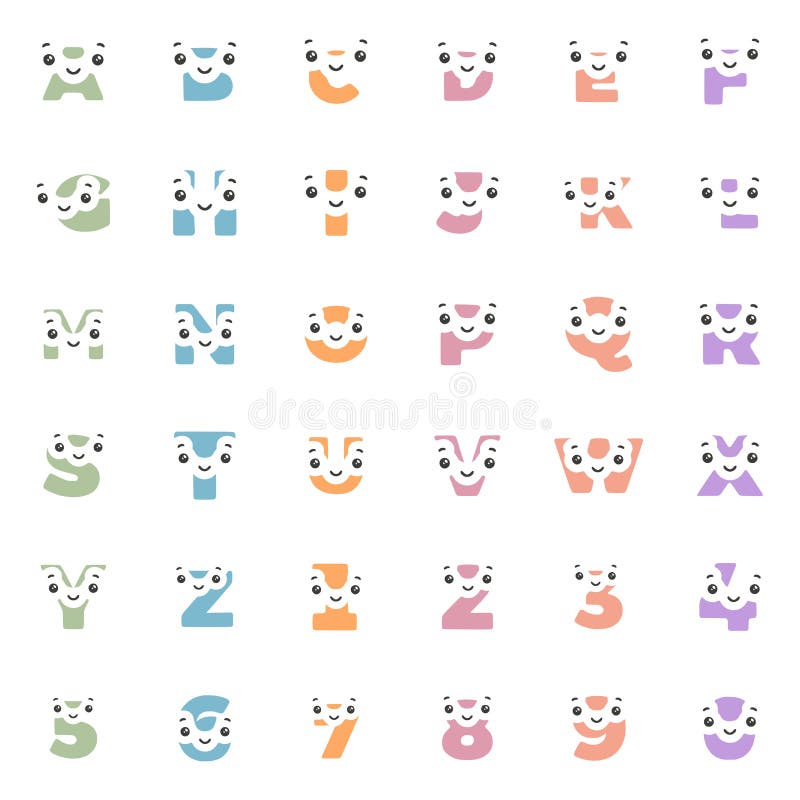 Set of Funny Kawaii Characters in the Shape of Letters and Numbers ...