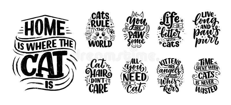 Set with Funny Lettering Quotes about Cats for Print in Hand Drawn ...