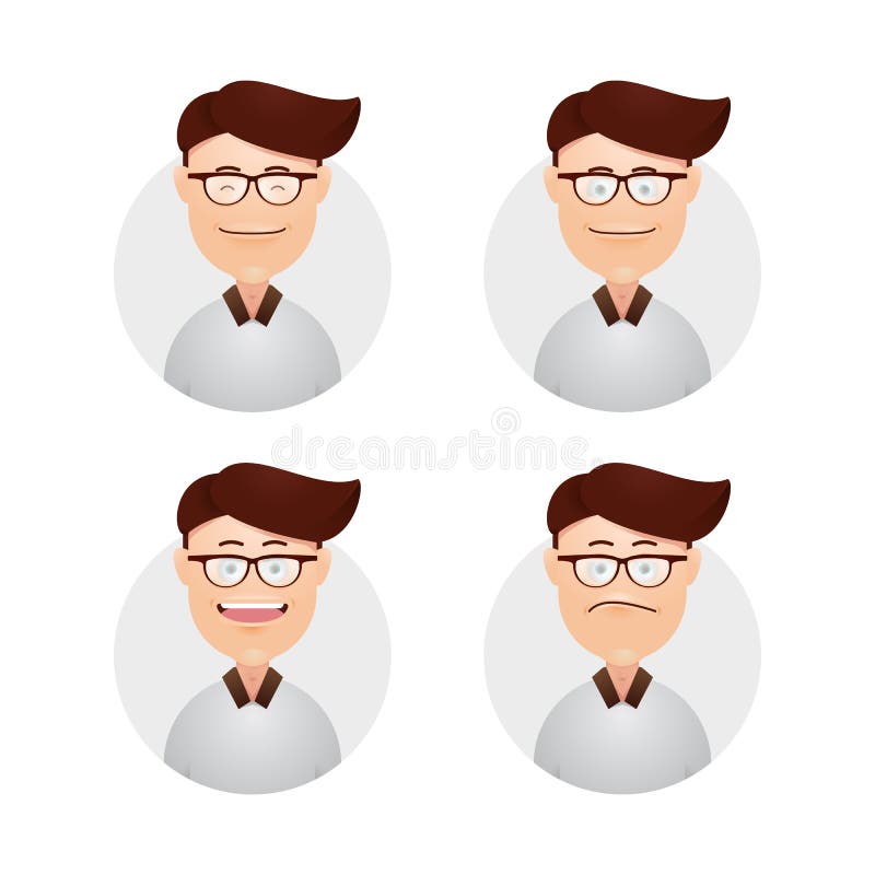Set Funny Male Face Collage Student with Eyeglasses Expression Avatar ...