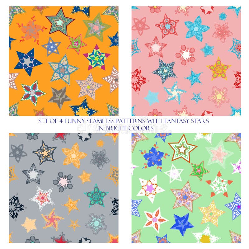 Set of 4 Funny Seamless Patterns with Fantasy Stars Stock Vector ...