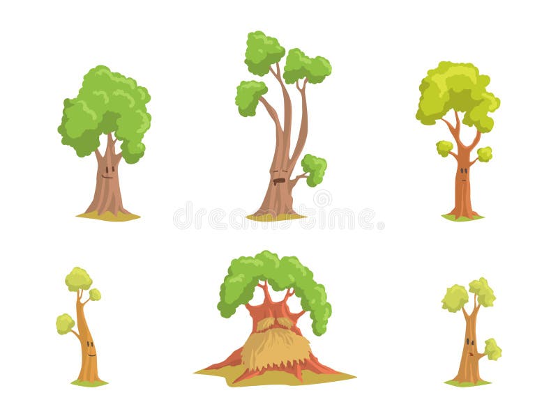 Funny Trees Cartoon Characters Collection, Comic Trees with Cute Faces ...