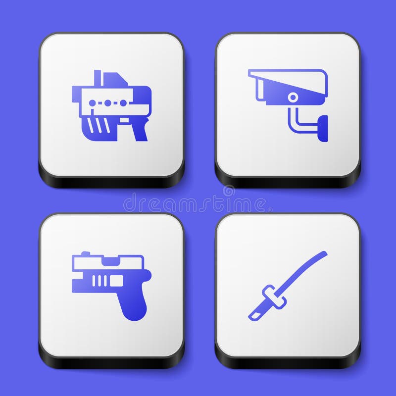 Set Futuristic Weapon, Security Camera, and Katana Icon. White Square ...