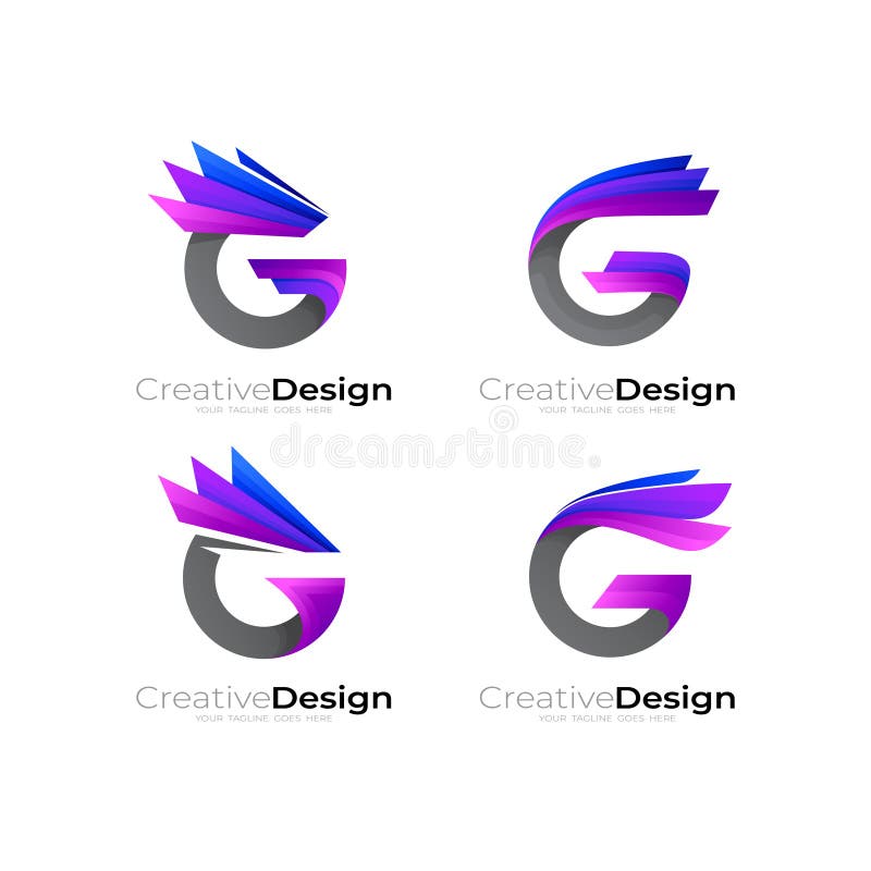 Set G Logo with Wing Design Combination, Blue Icon Stock Vector ...