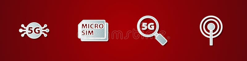 Set 5G Network, Micro Sim Card, Search and Antenna Icon. Vector Stock ...