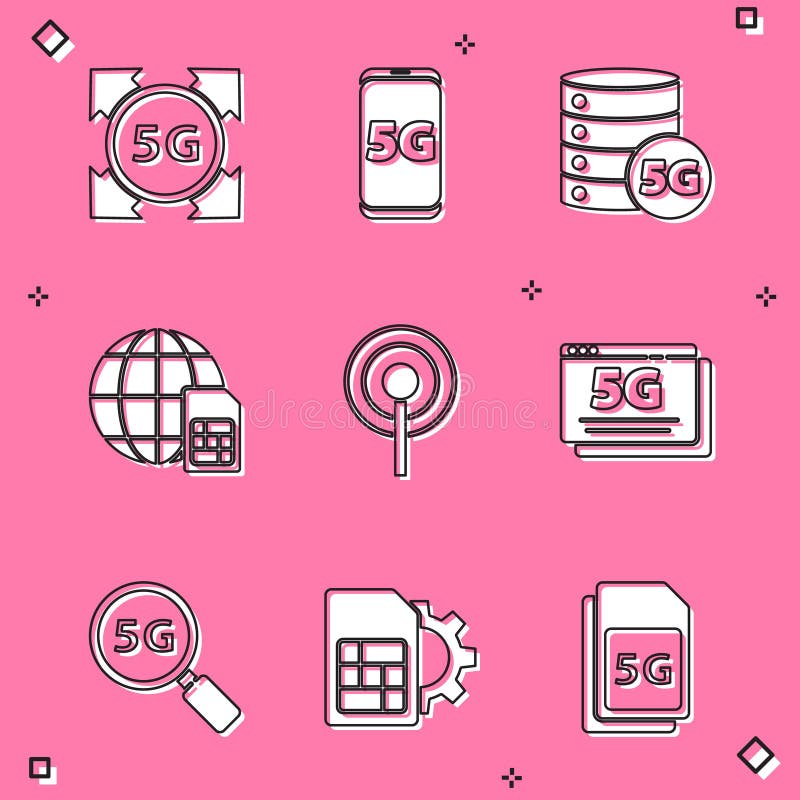 Set 5G Network, Mobile with, Server, Globe Sim Card, Antenna, Search ...
