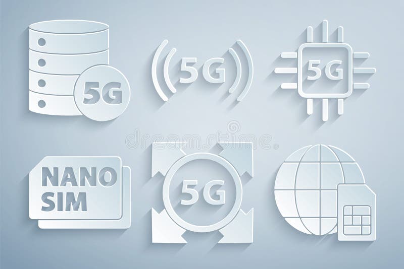 Set 5G Network, Processor, Nano Sim Card, Globe, and Server Icon ...