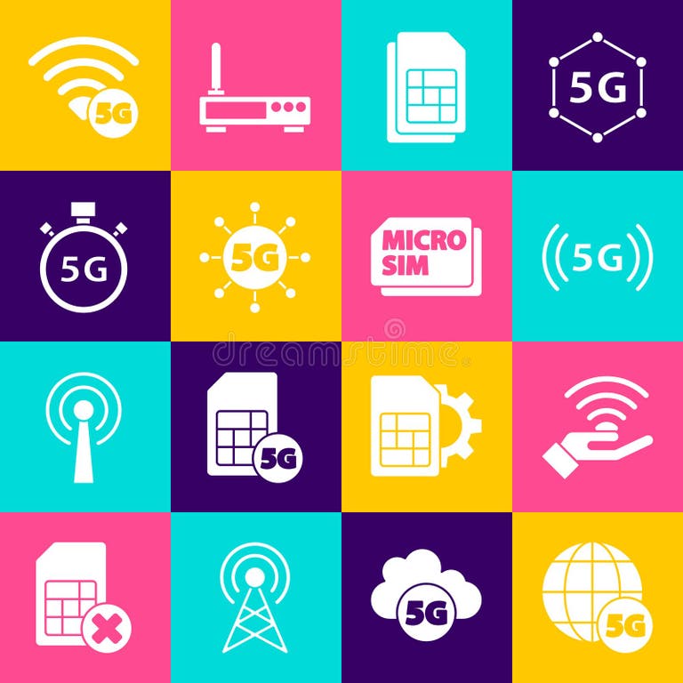 Set 5G Network, Sim Card, Digital Speed Meter, and Micro Card Icon ...