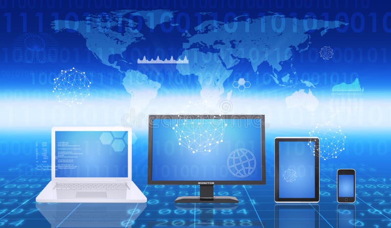 Set of gadgets on blue stock illustration. Illustration of touchscreen ...