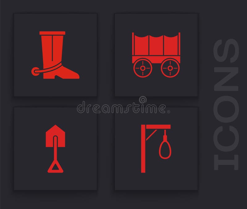Set Gallow Cowboy Boot Wild West Cover Wagon E Icono De Palas. Vector ...