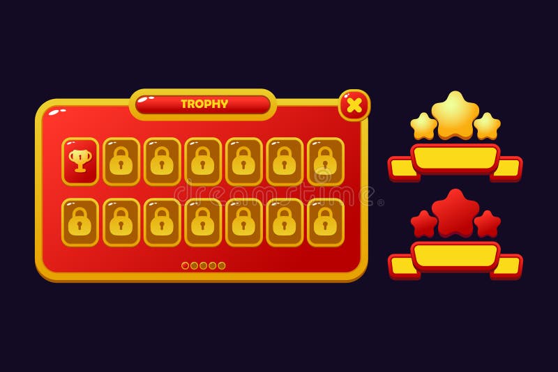 Set Of Game Assets Menu Buttons Popup Screens And Settings Buttons Red And Yellow Stock Vector