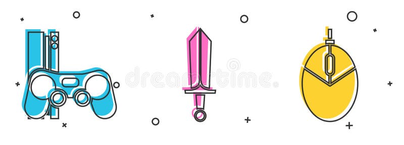 Set Game Console with Joystick, Sword for Game and Computer Mouse Gaming Icon. Vector Stock ...